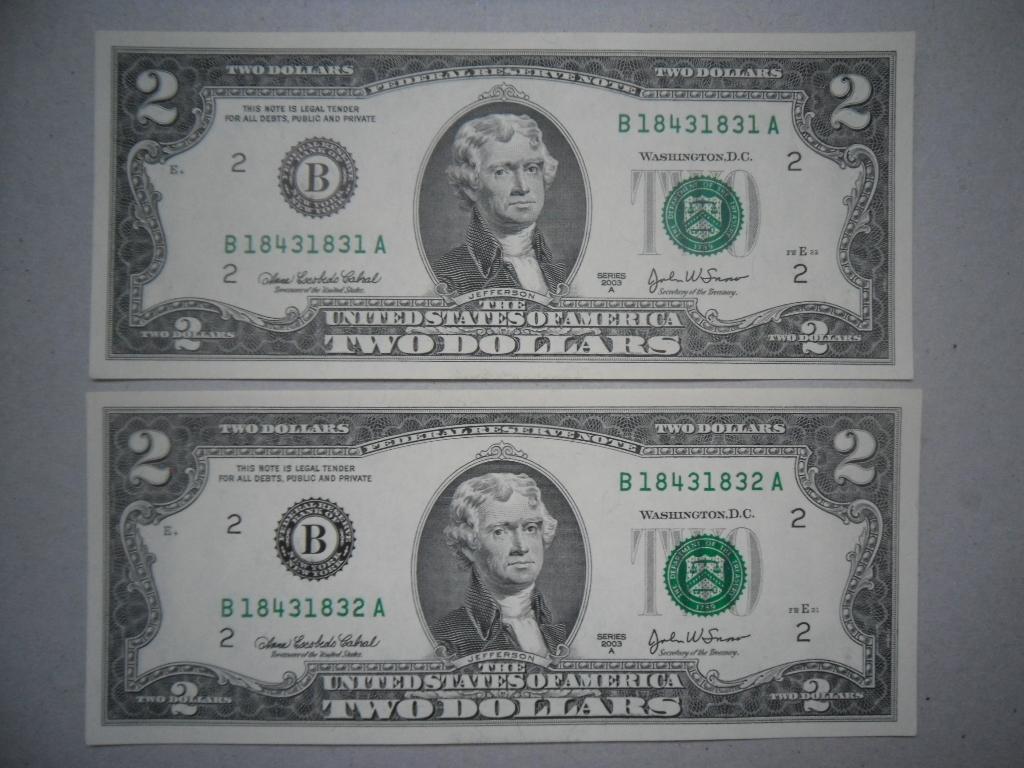 Банкноти бони купюри США - два 2 долари two dollars 2003 рік Джефферсон, серія B 2003A номери ...