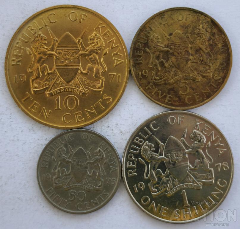 Кения набор 4 монеты: 5 центов 1975, 10 центов 1971, 50 центов 1975, 1 шиллинг 1978 / Кенія ...