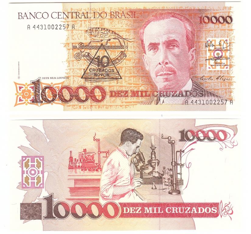 Brazil Бразилія - 5 шт х 10 Cruzeiros Novos on 10000 Cruzados 1989 UNC Pick 218b JavirNV ...