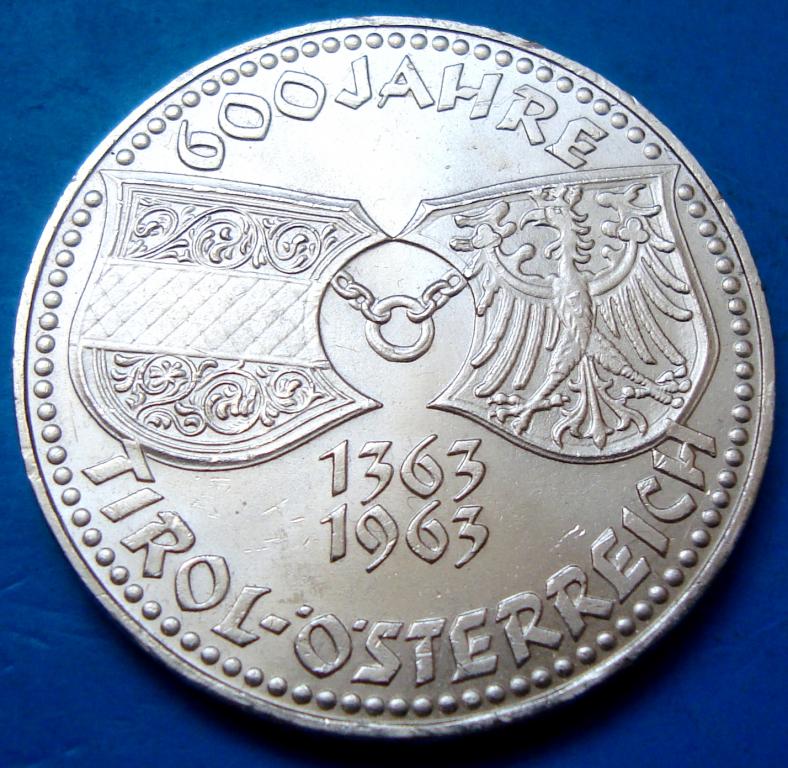 СЕРЕБРО - АВСТРИЯ 50 ШИЛЛИНГOВ 1963 UNC! -"600 лет Тиролю". ЯРКИЙ ШТЕМПЕЛЬНЫЙ БЛЕСК! С 1 ГРН ...