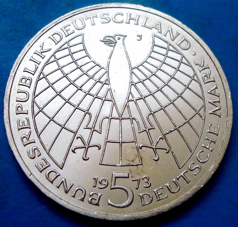 СЕРЕБРО - ФРГ 5 МAРОК 1973 UNC! - "500 лет со дня рождения Николая ...